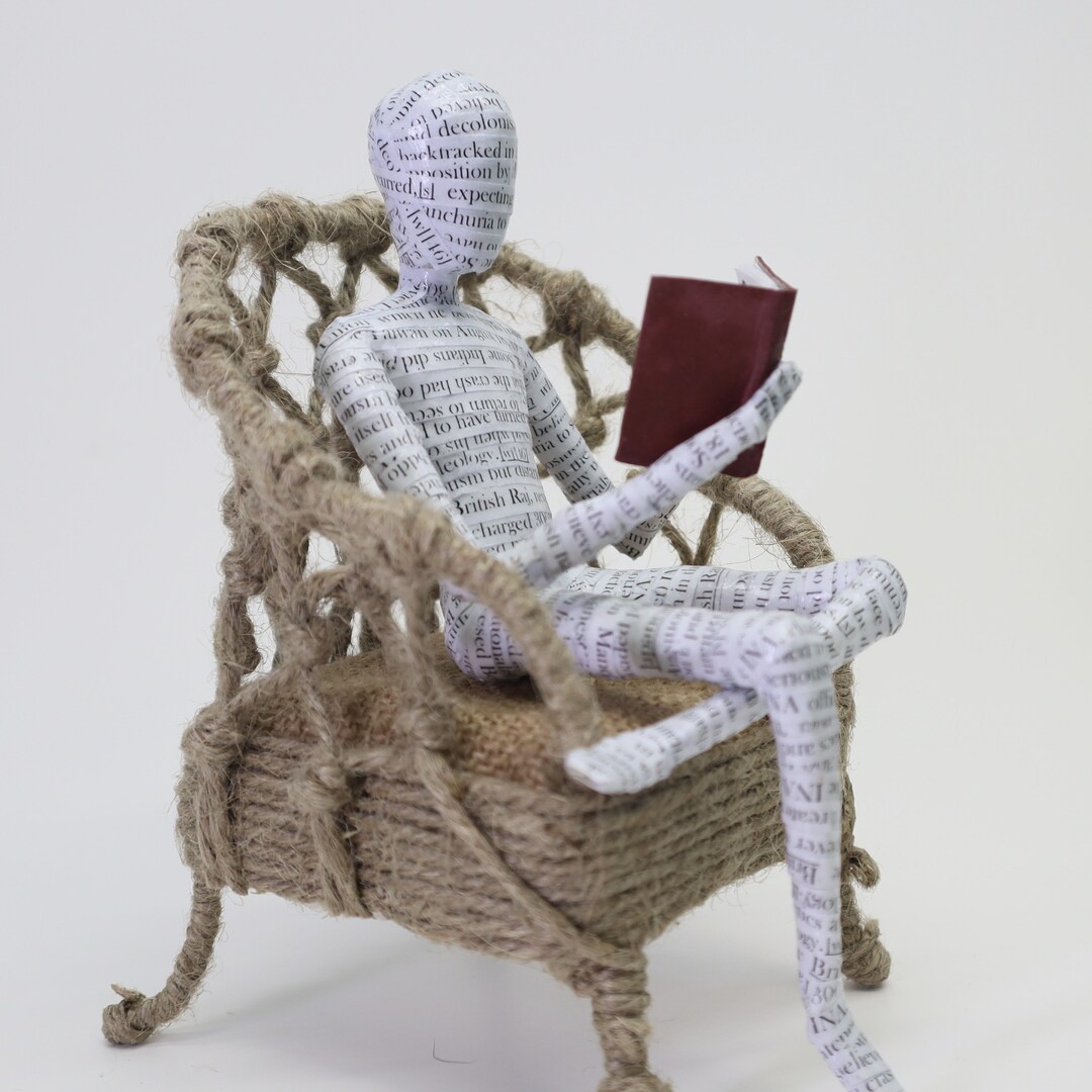 Handmade Paper Mache Book Reading Sculpture on Jute Chair - Etsy