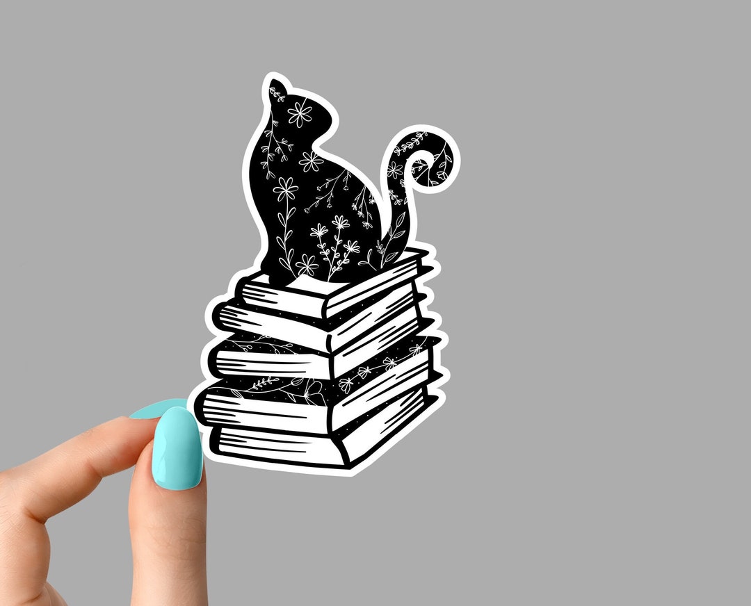 Cat Stacked Books Flower Sticker Cat Sticker, Funny Book Stickers ...