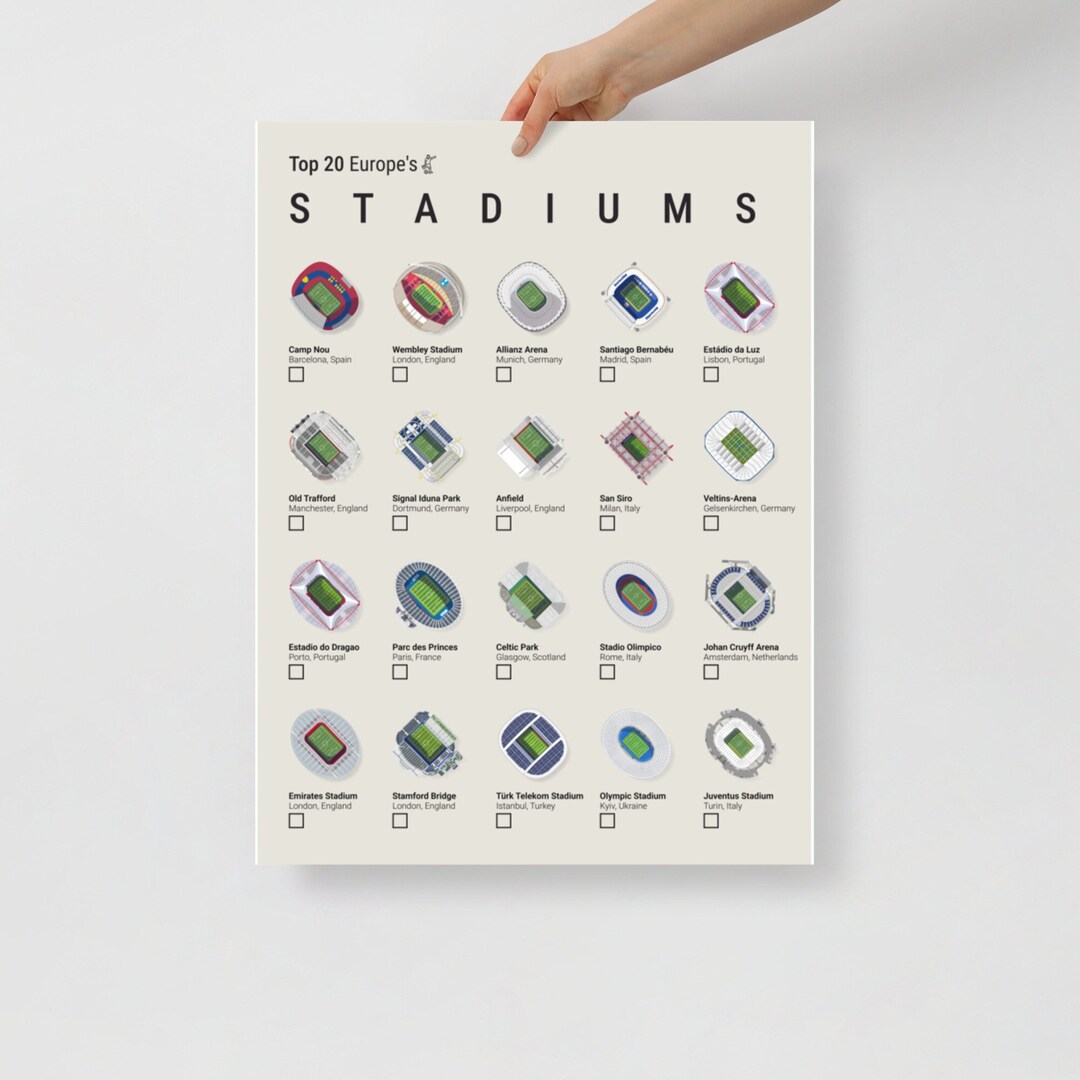 Soccer Stadium Checklist Poster: Top 20 Europe's Stadiums, Iconic ...