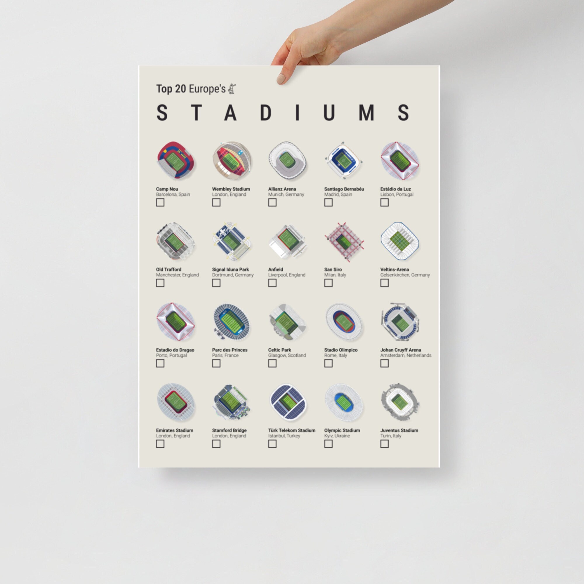 Soccer Stadium Checklist Poster: Top 20 Europe's Stadiums, Iconic ...