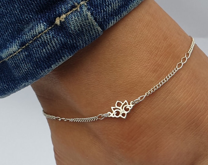 Dainty LOTUS Anklet in Sterling Silver, Gold or Rose Gold • Yoga Jewelry • Lotus Anklet Bracelet ...