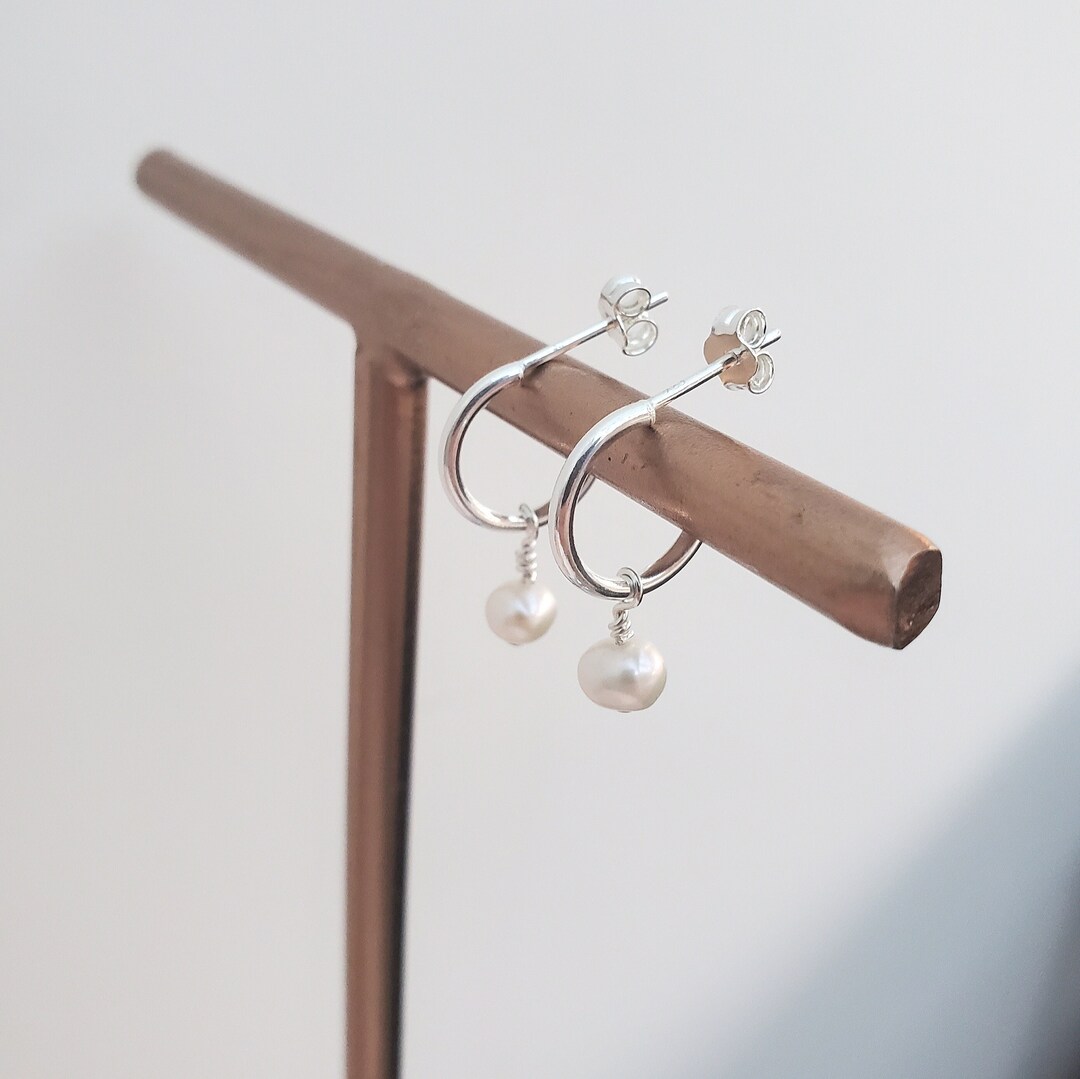 Freshwater Pearl Drop Earring Hoops, Small Sterling Silver Pearl Hoops ...