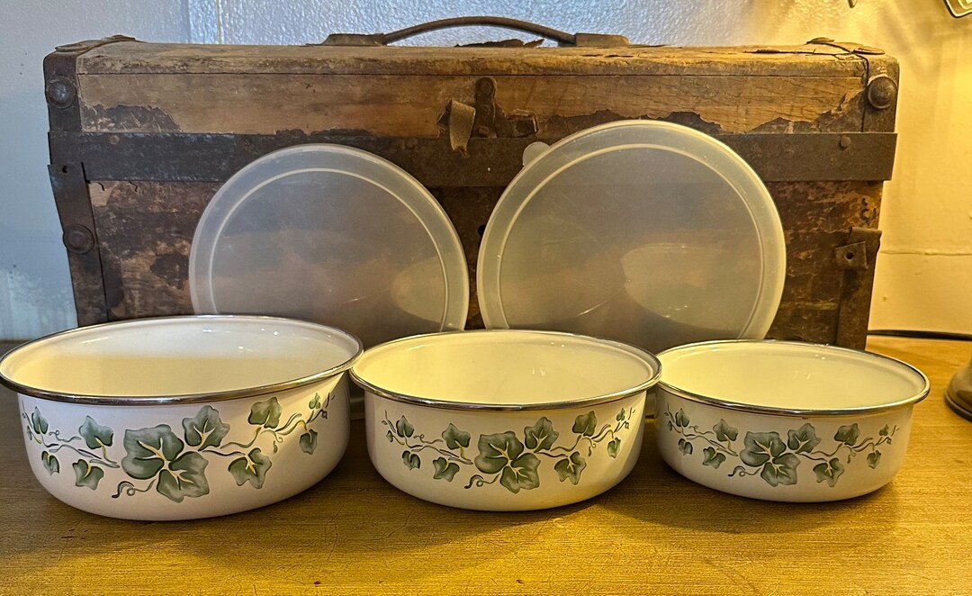 Vintage Enamelware Bowl Set in Ivy Pattern - Etsy