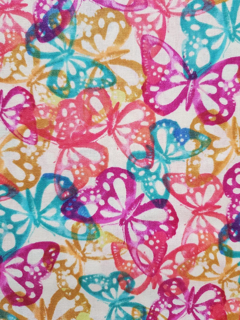 Stamped Butterflies. Cotton Fabric. Butterfly Outlines in Teal, Pink ...