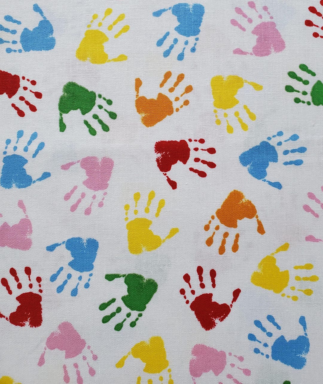 Happy Hands. Cotton Fabric. Hand Prints in Red, Yellow, Pink, Green ...