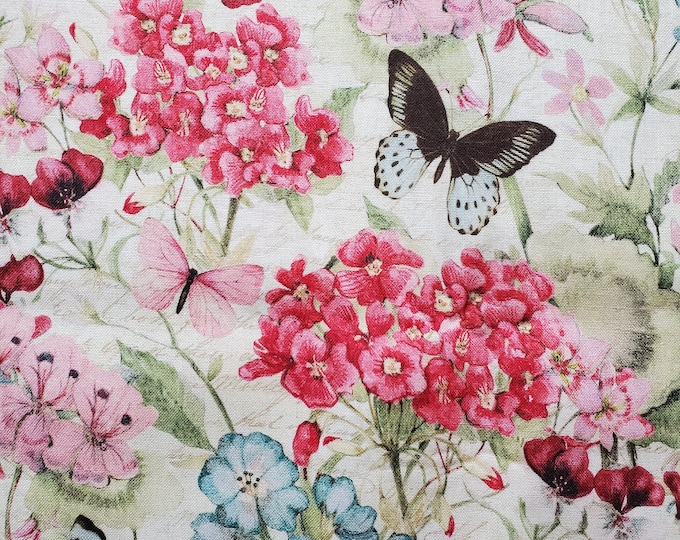 Botanical Buzz Garden Bouquet. Cotton Fabric by Susan Winget. Pink ...