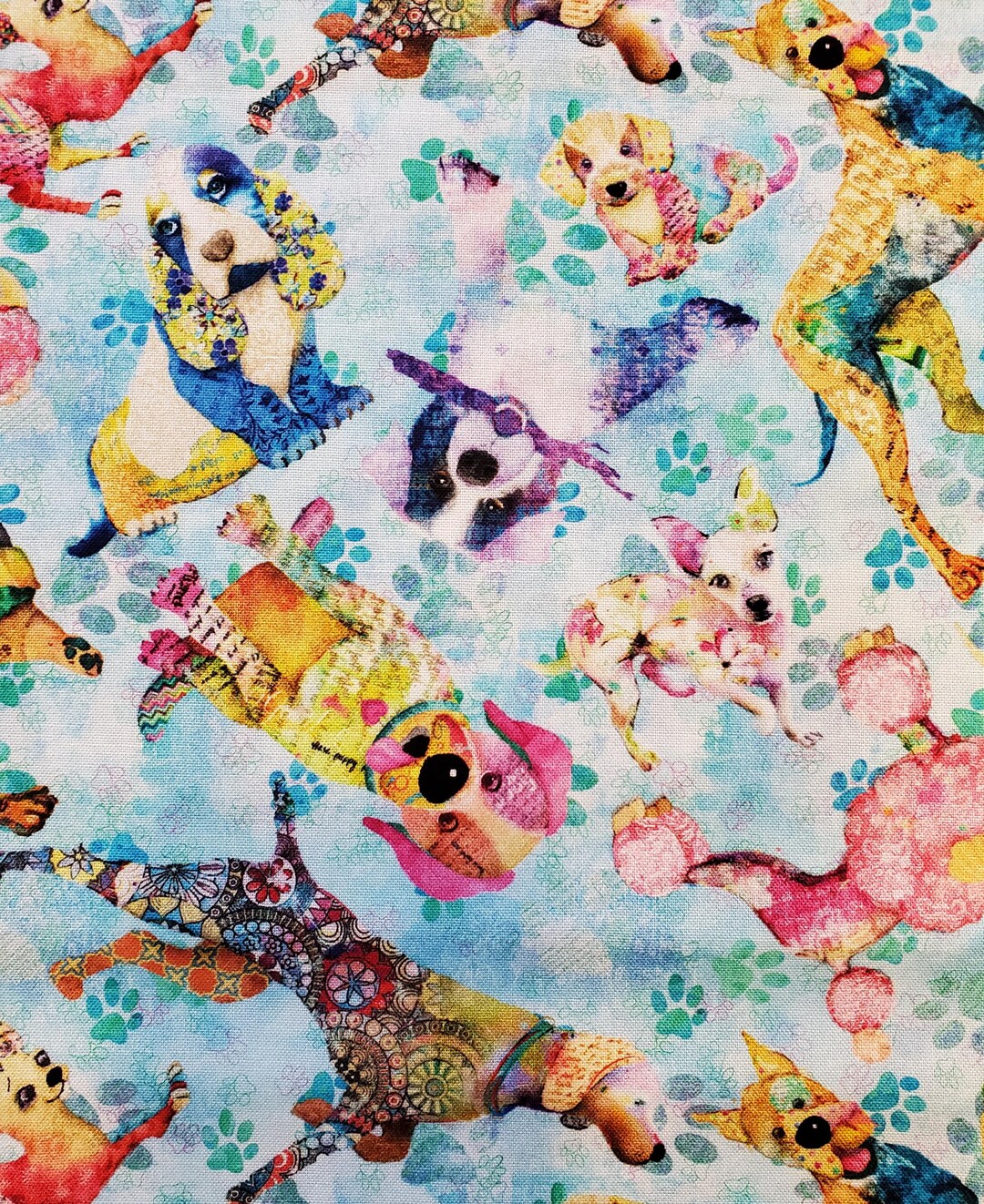 Grafitti Boho Dogs. Cotton Fabric. Dogs in Patchwork Designs on a Light ...