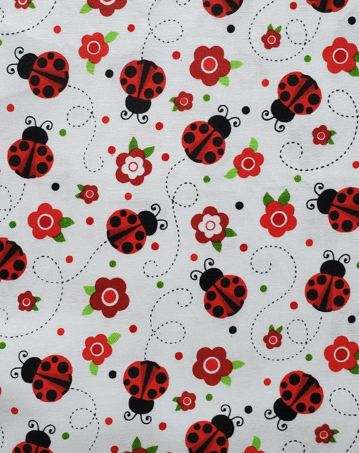 Ladybug Dance. Cotton Fabric. Bright Red/black Ladybugs and Red Flowers ...