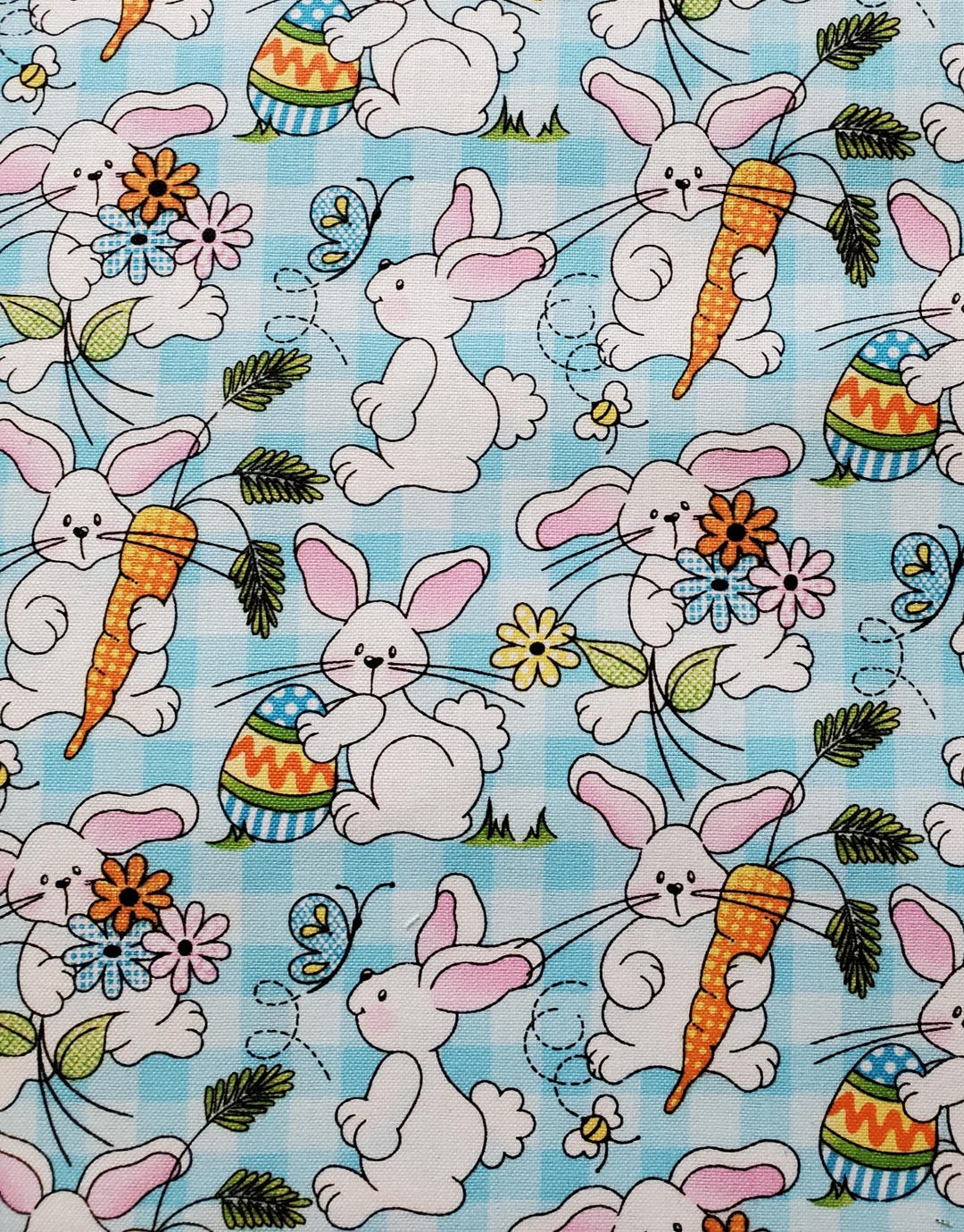 Wascally Wabbits. 100% Cotton Fabric. White Bunnies, Checkered Carrots ...