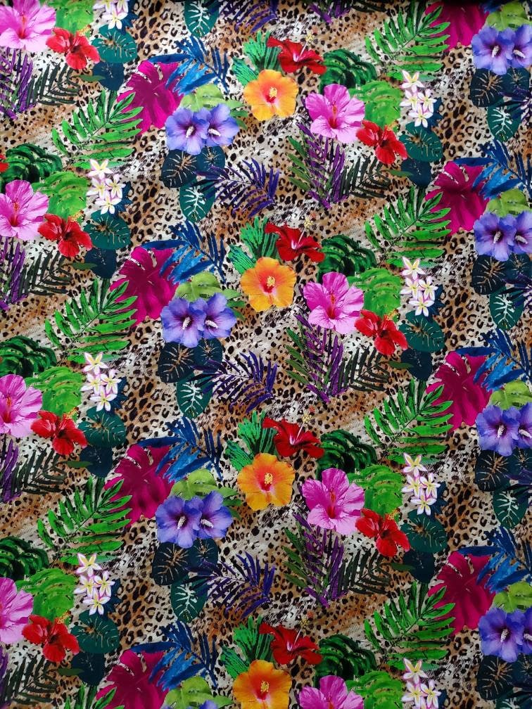 Floral Leopard. Cotton Fabric by Sykel Enterprises. Tropical Flowers on ...