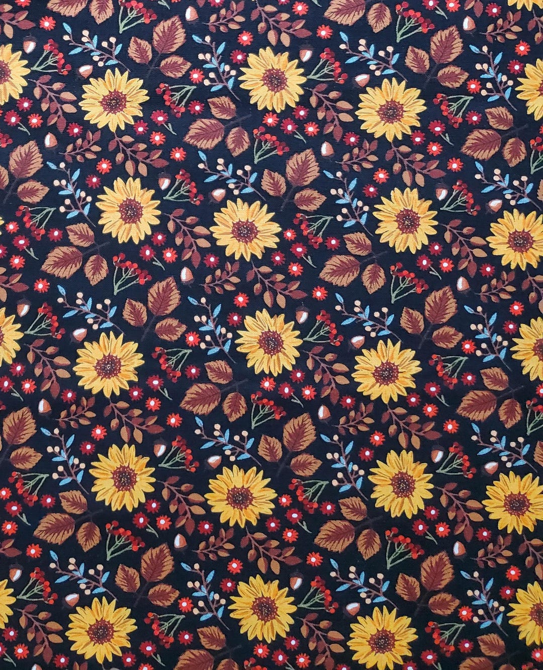 Fall's Splendor. Cotton Fabric. Sunflowers, Leaves, Tiny Red Florals ...