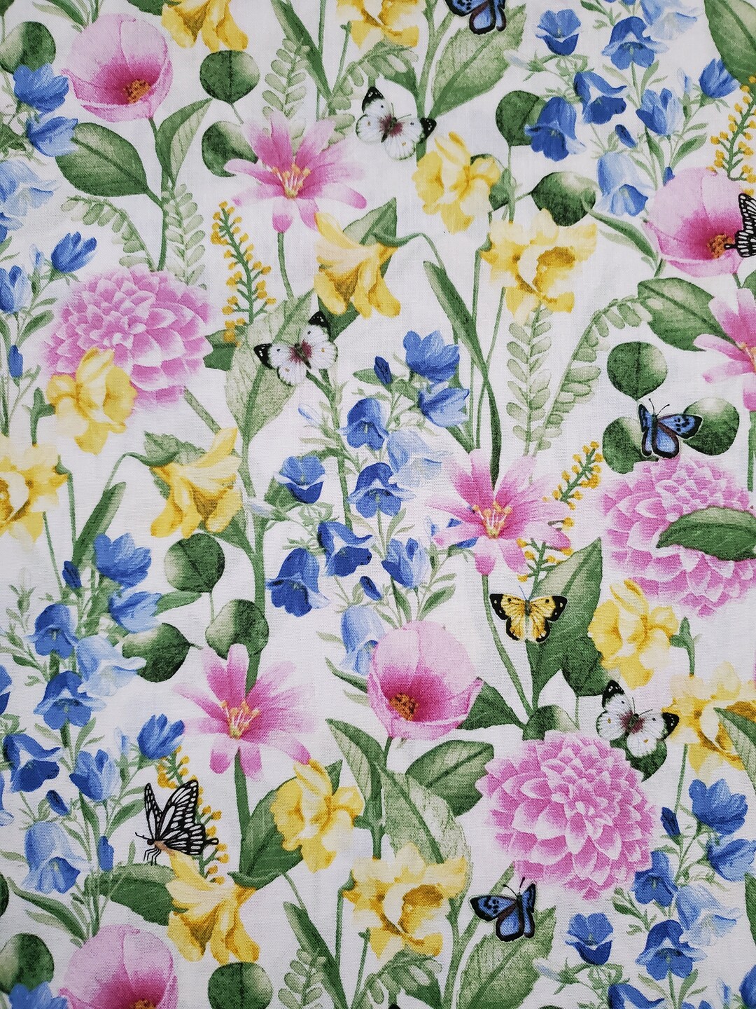 Flowers of Spring. Cotton Fabric. Pink, Blue, and Yellow Flowers With ...