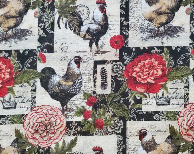French Floral Rooster. Cotton Fabric by Springs Creative. Vintage ...