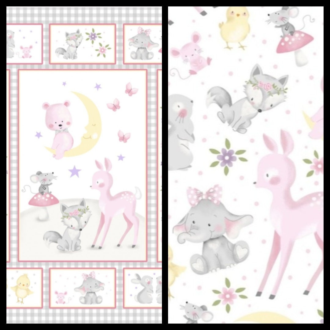 Wee Ones Baby Animals, Cotton Fabric. Pinks, Grays, and Yellows, Panel ...