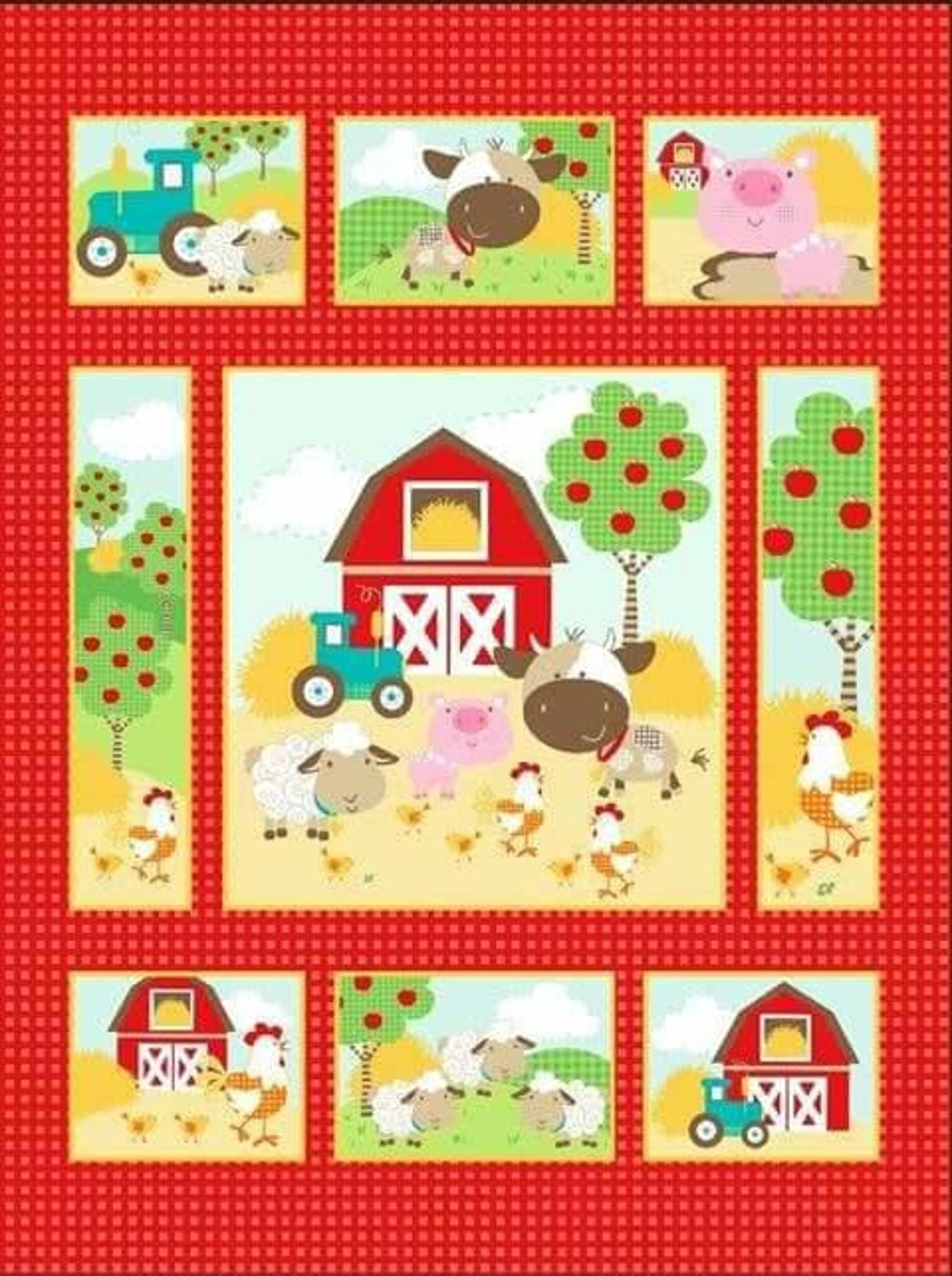 Farm Life Patchwork, 100% Cotton Fabric Panel. Barns, Tractors, Sheep ...
