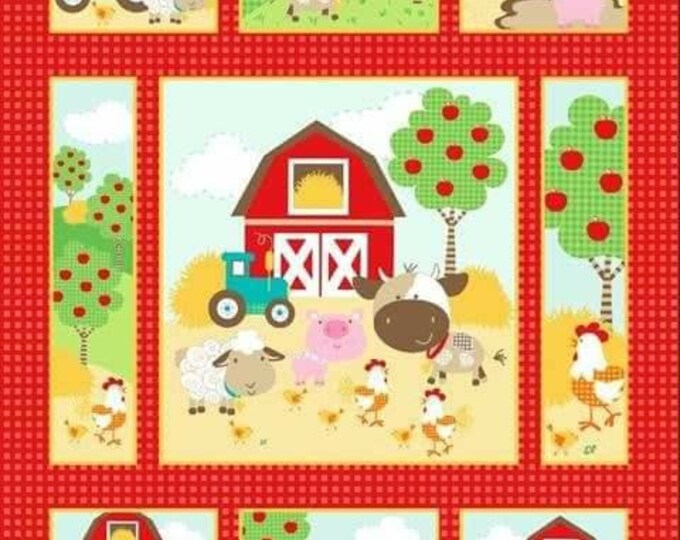 Farm Life Patchwork, 100% Cotton Fabric Panel. Barns, Tractors, Sheep ...