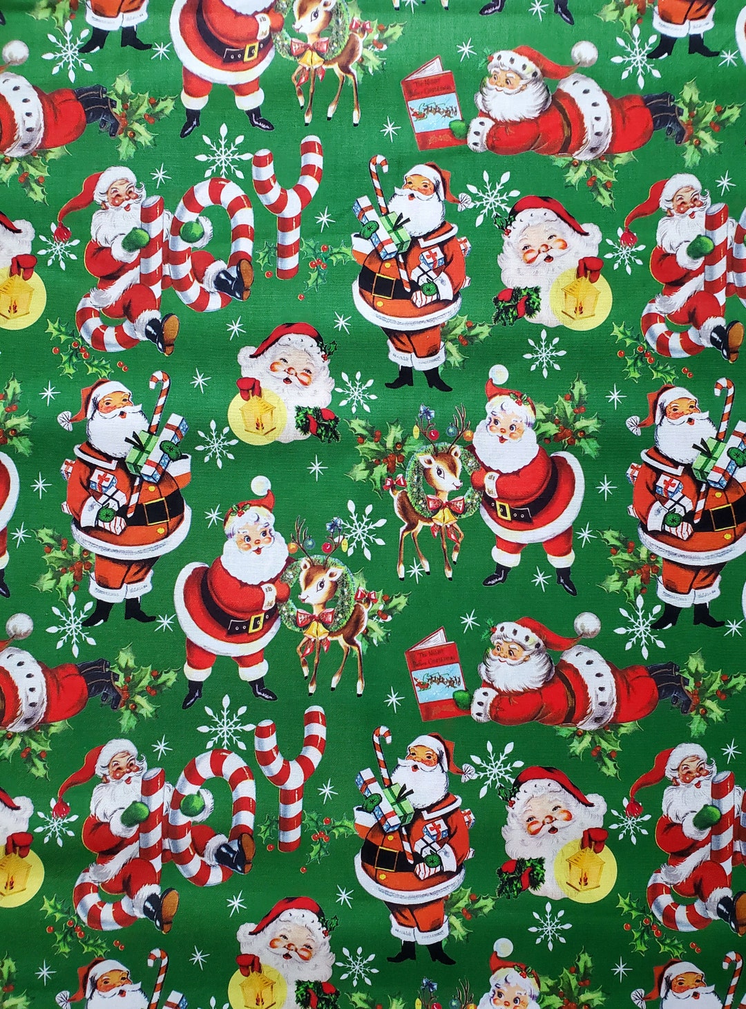 Busy Santa. Cotton Fabric. Generations of Santa Images With Reindeer ...