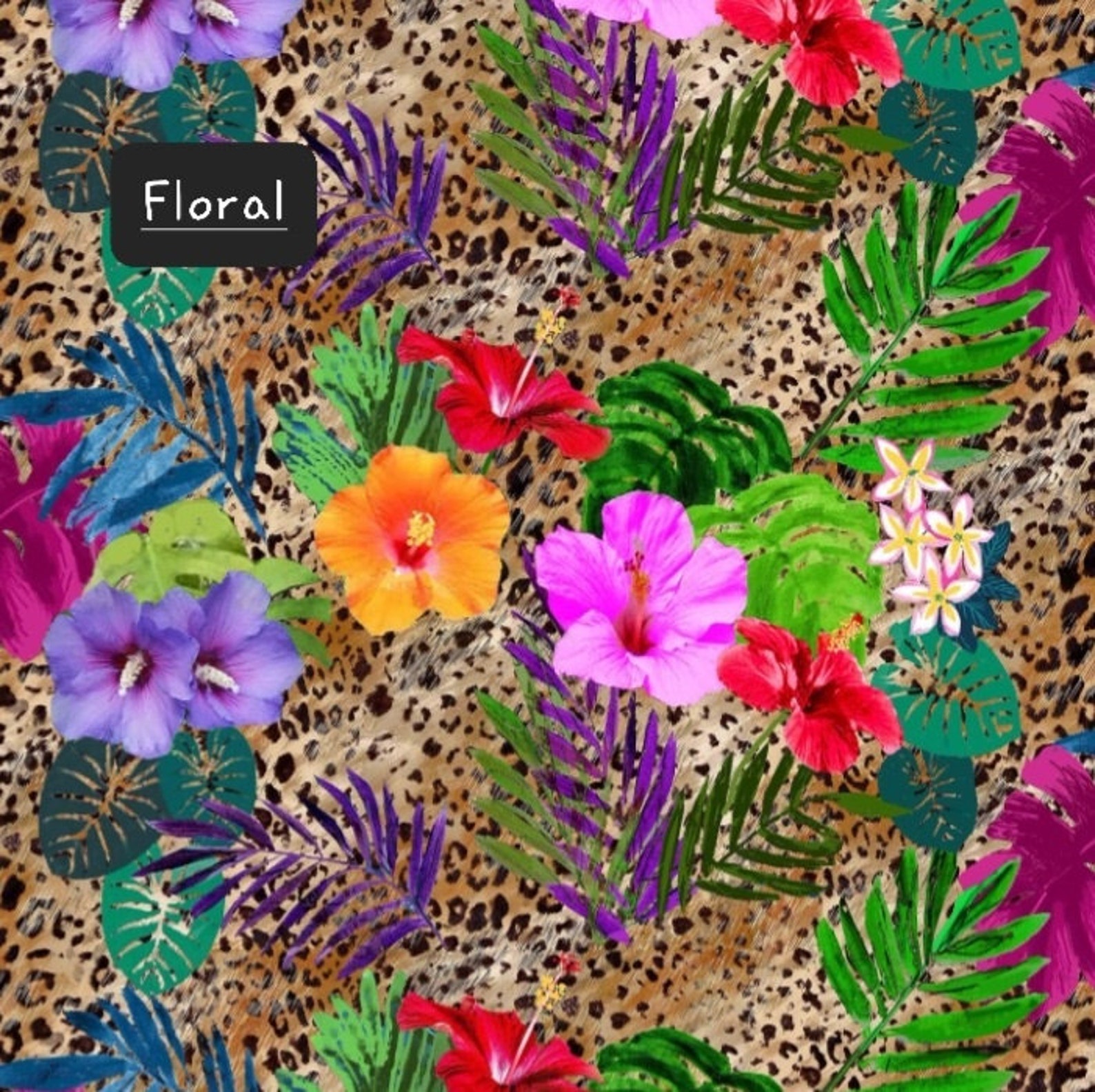 Floral Leopard. Cotton Fabric by Sykel Enterprises. Tropical Flowers on ...