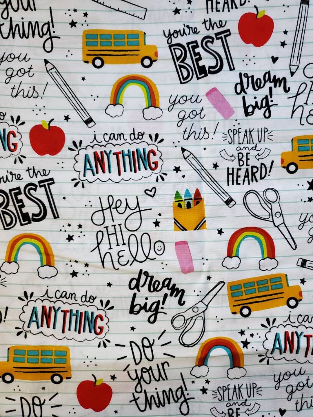 Back to School, Notebook Paper, Sayings, Bus, Rainbow, Cotton Fabric by ...