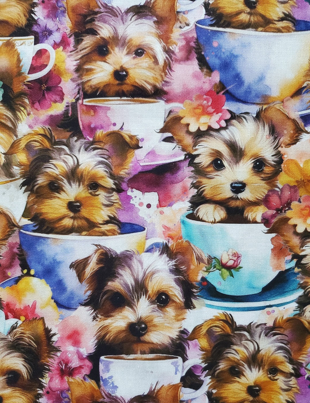Yorkie Cups. Cotton Fabric by David Textiles. Puppies in Watercolor ...