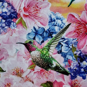 Hummingbirds and Florals. Cotton Fabric. Hummingbirds and Pink, Blue ...