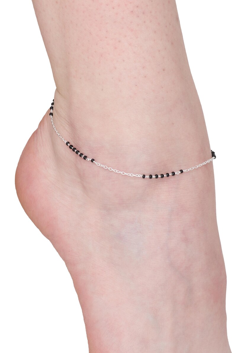 925 Silver Nazariya Anklet for Women | Multi-strand Black Beads Chain ...