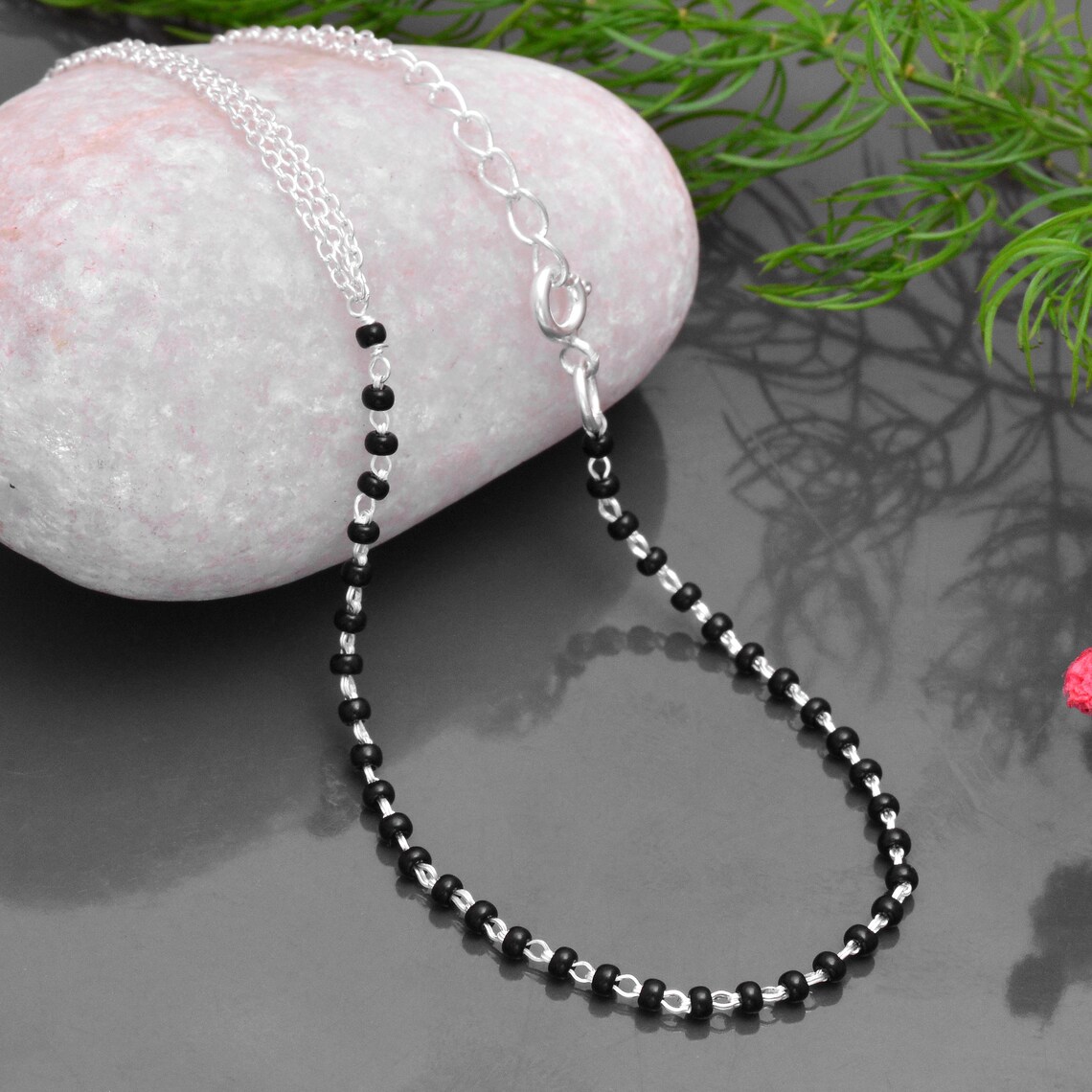 925 Silver Nazariya Anklet for Women | Multi-strand Black Beads Chain ...