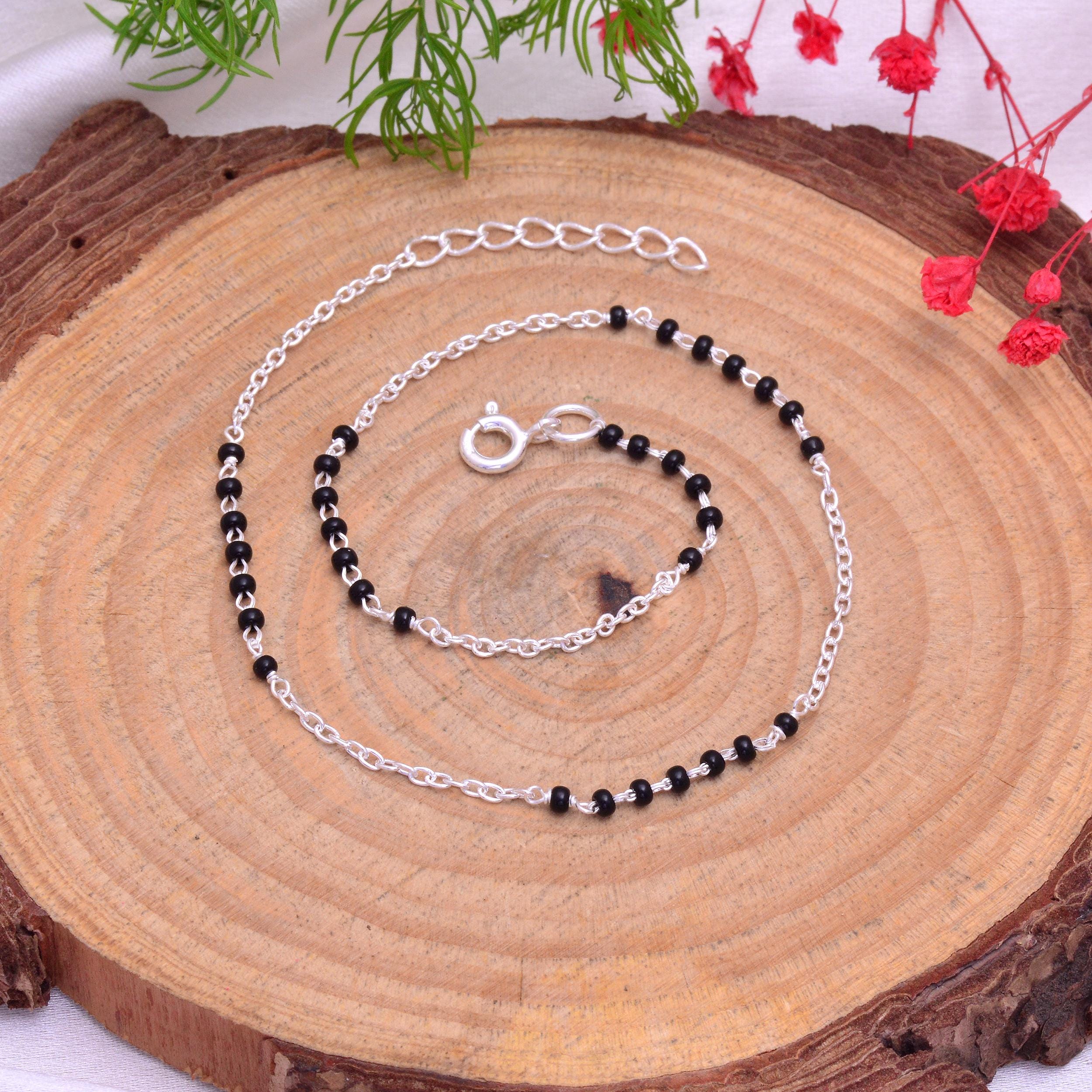 925 Silver Nazariya Anklet for Women | Multi-strand Black Beads Chain ...