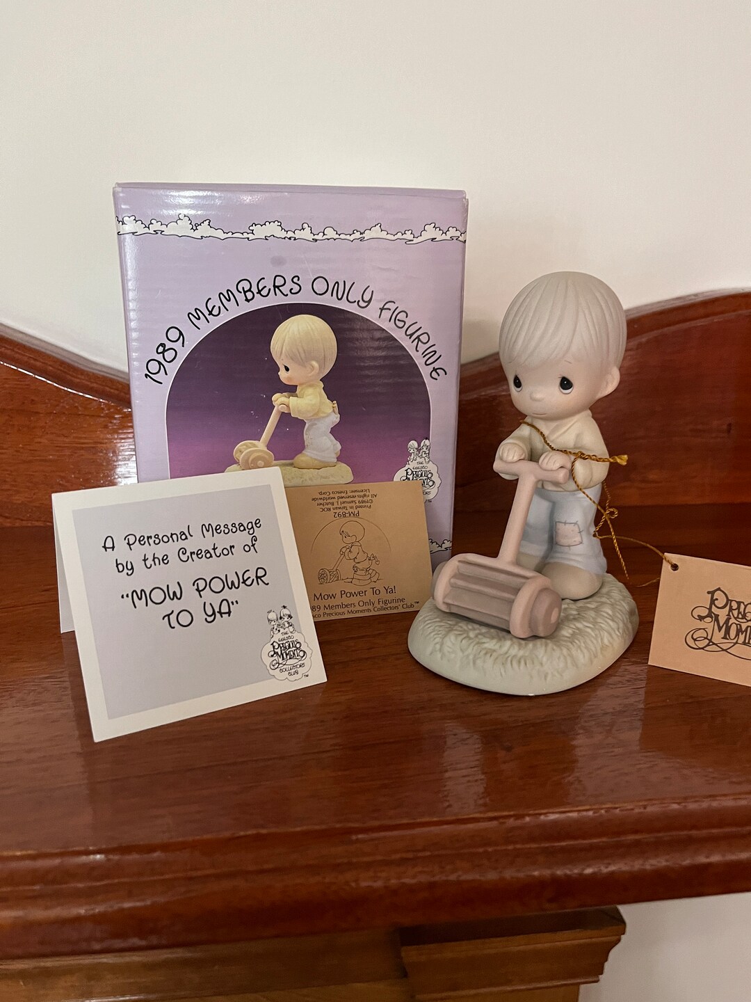 Precious Moments "mow Power to Ya!" 1989 Members Only Figurine - Boy Using Old Fashioned Push ...