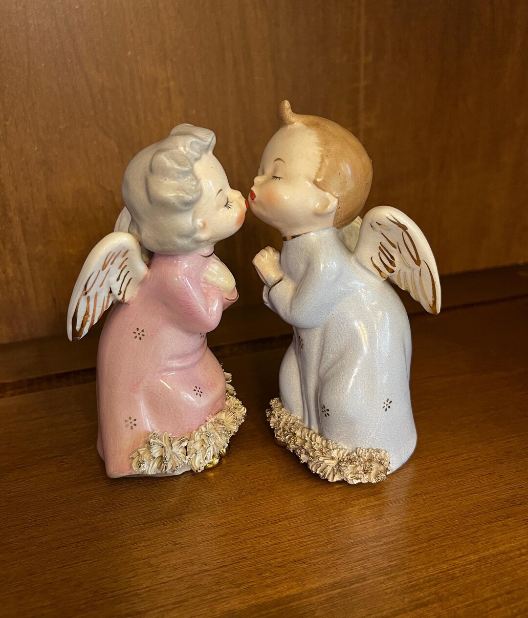 Kissing Angels Figurine Set blue Boy and Pink Girl With Spaghetti Trim ...