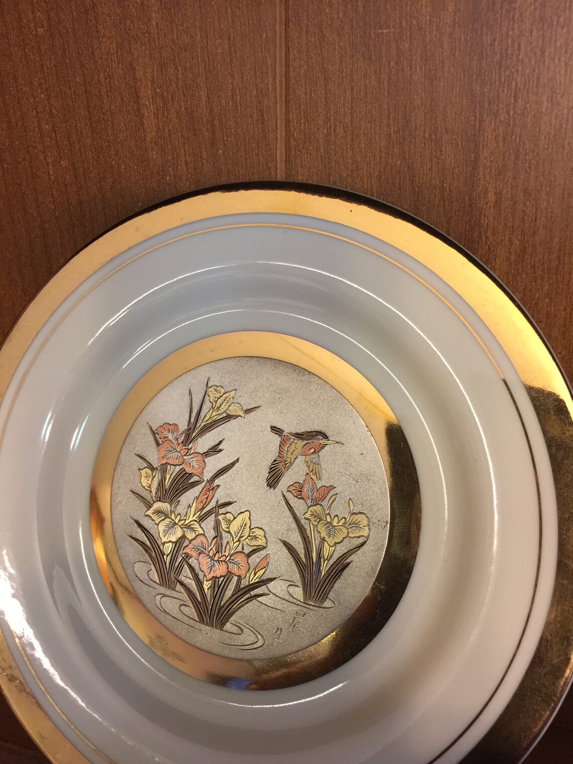 Chokin Plate With 24K Gold Trim Bird Flying Among Water Iris | Etsy