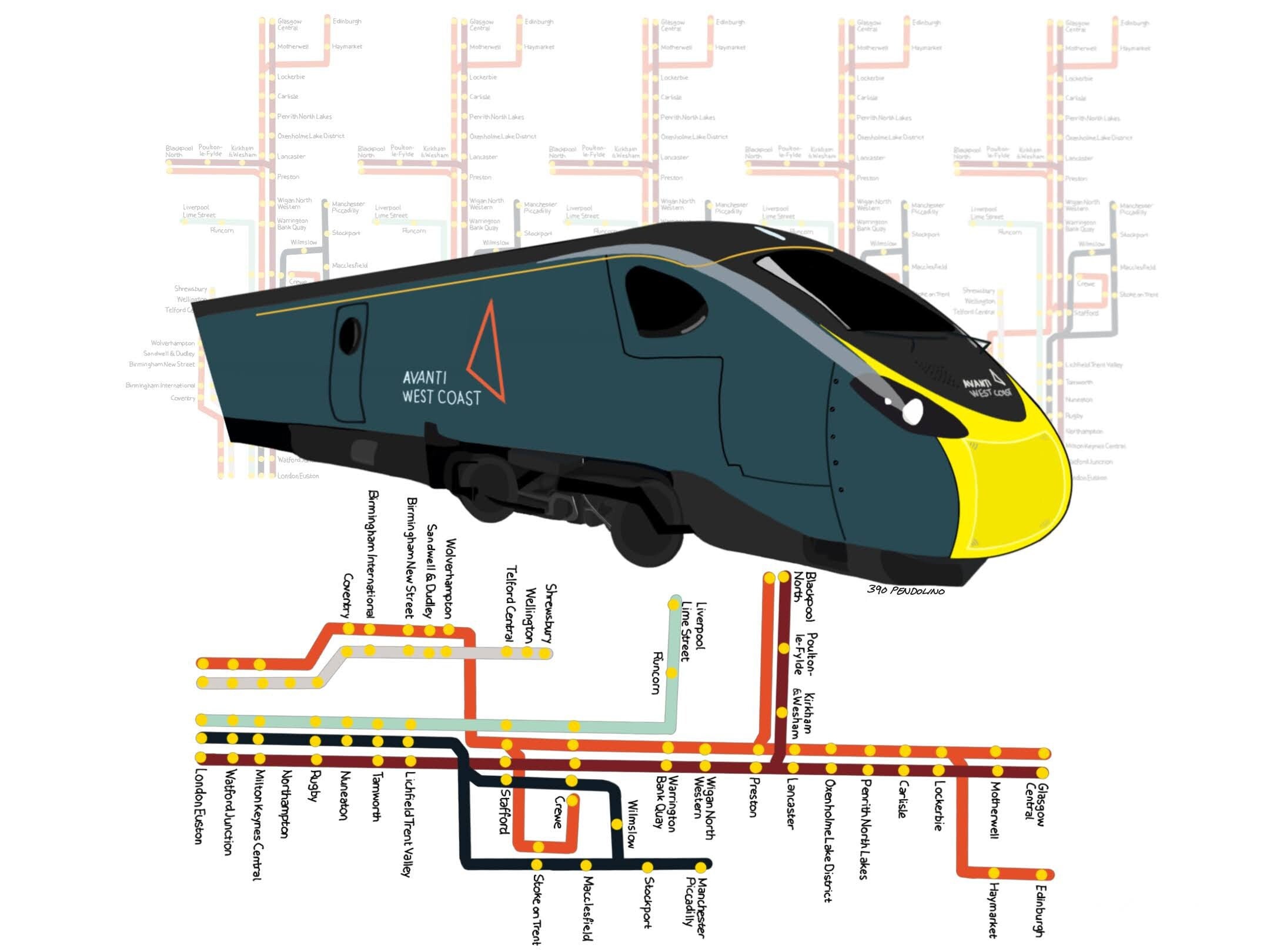 Avanti West Coast Pendolino 390 Series Train Art Print With Rail Map ...