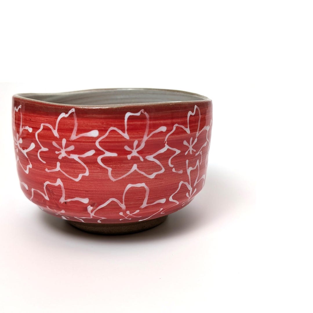 Mino Ware Matcha Bowl: Red Floral Japanese Chawan, Gifu Pottery - Etsy