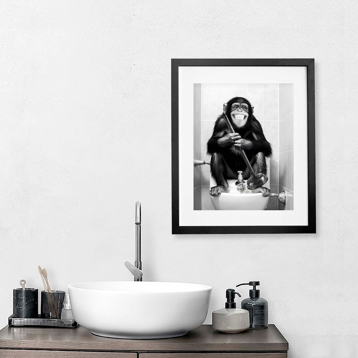 Chimp in Bathrobe, Chimp Art Print, Chimpanzee Art, Chimp Bathroom Art ...