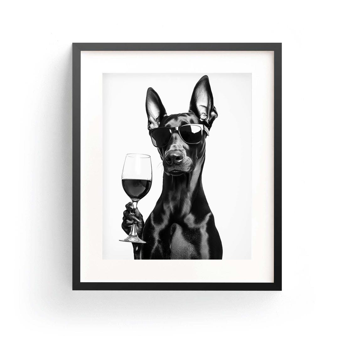 Doberman Wine Wall Art Black and White Print Doberman Bar Cart Print ...