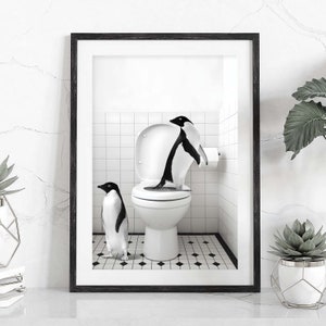 Penguins Toilet Scene Art Print, Bathroom Wall Art (digital Download ...