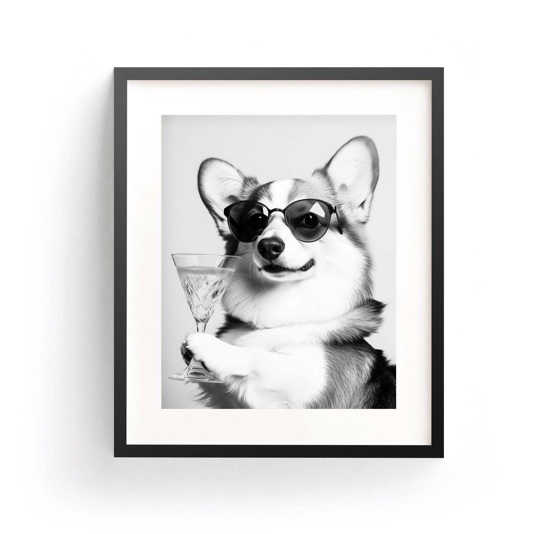 Corgi Cocktail Wall Art Black and White Print Corgi Bar Cart Print Dog ...