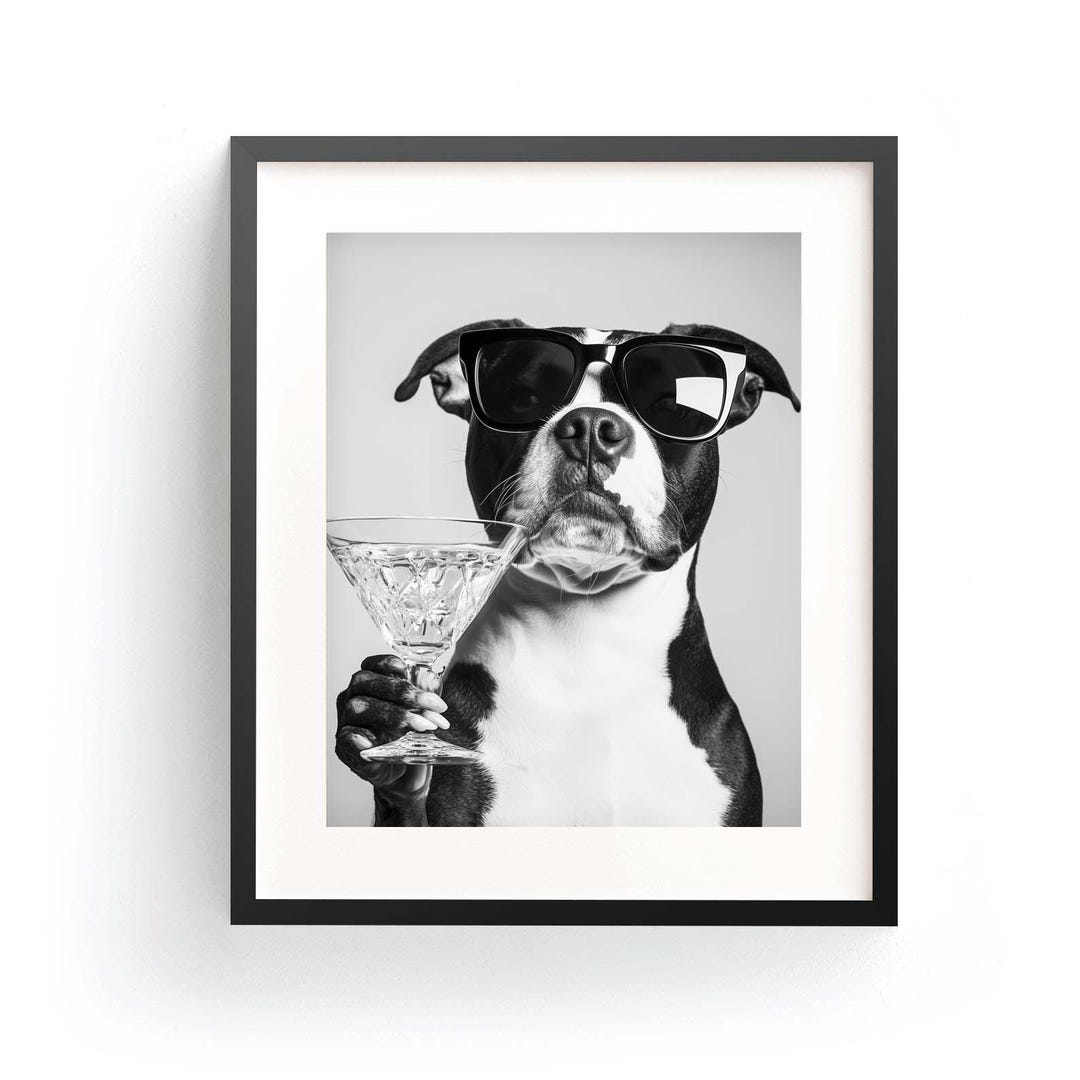 Staffy Bull Terrier Cocktail Wall Art Black and White Print Staffy Bull ...