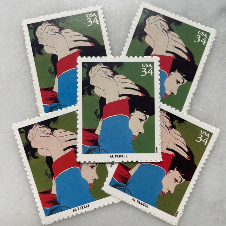 5x Vintage Unused Woman Coming Her Hair Stamps / Blue and Green USPS ...