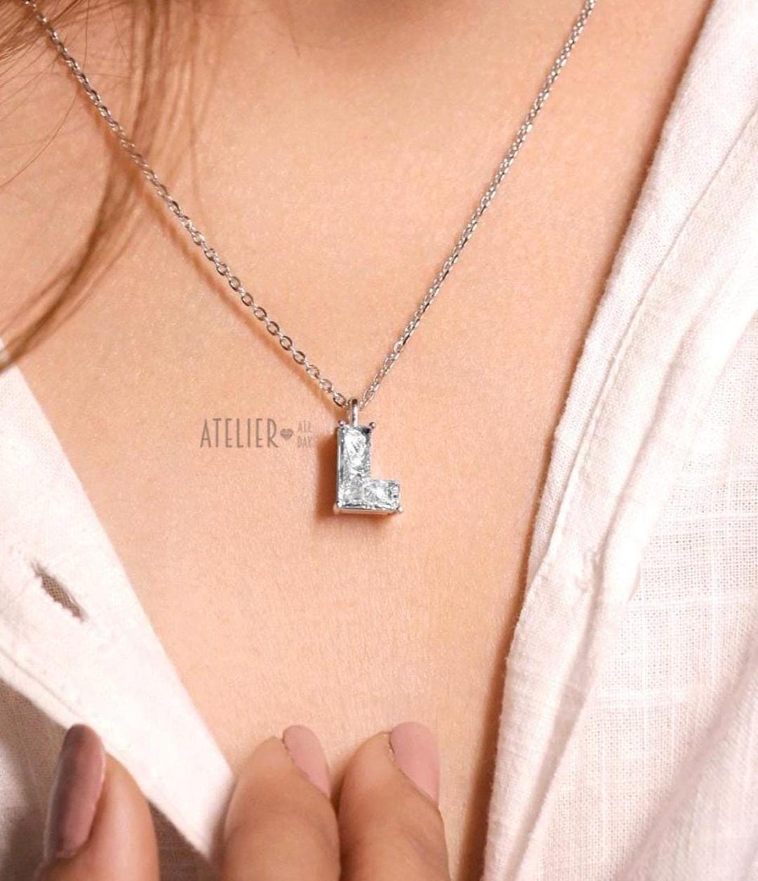 Luxurious 'L' Initial Pendant Necklace - 14K White Gold & Lab-grown ...