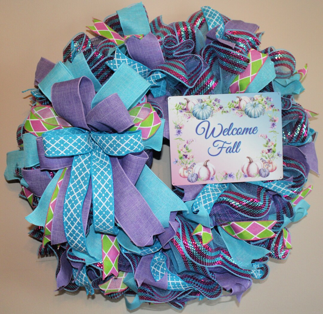 Welcome Fall Turquoise Deco Mesh Wreath, Fall Wreath for Front Door - Etsy
