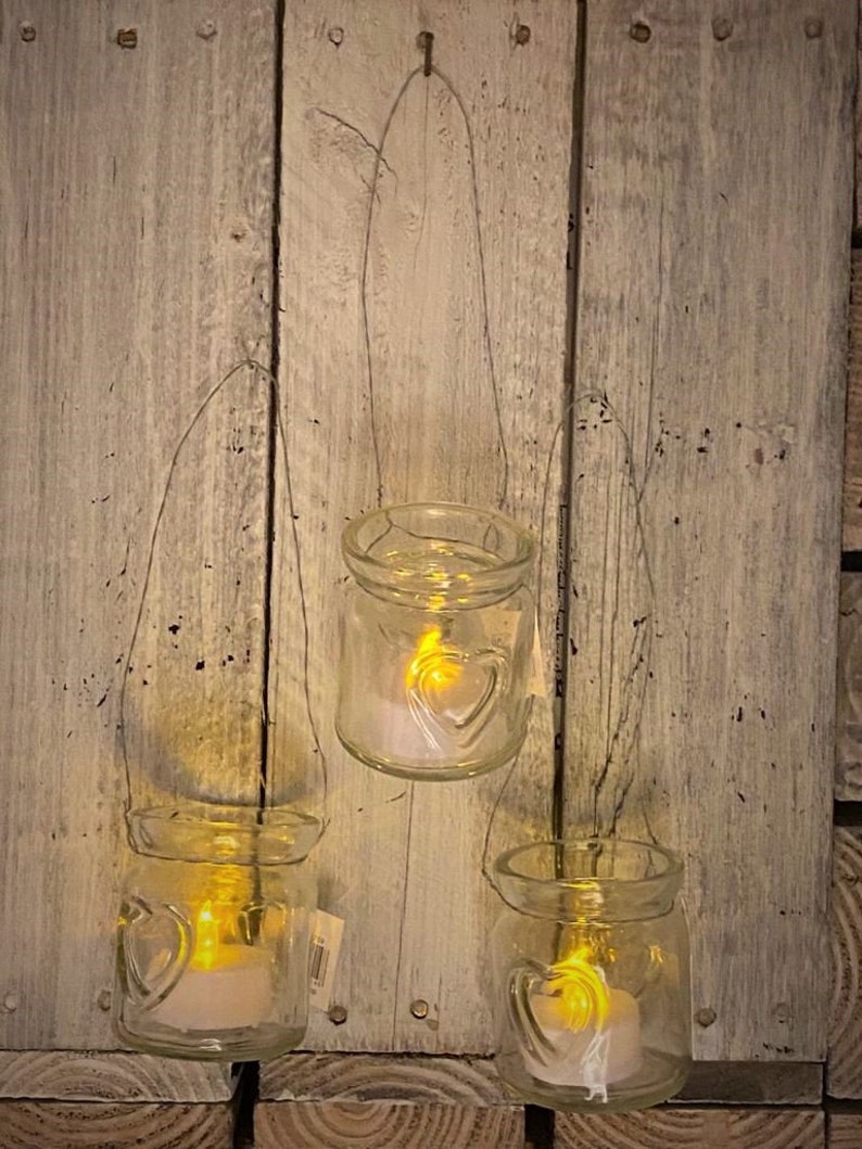 3 Heart Jam Jar Hanging Tea Light Holders | Etsy
