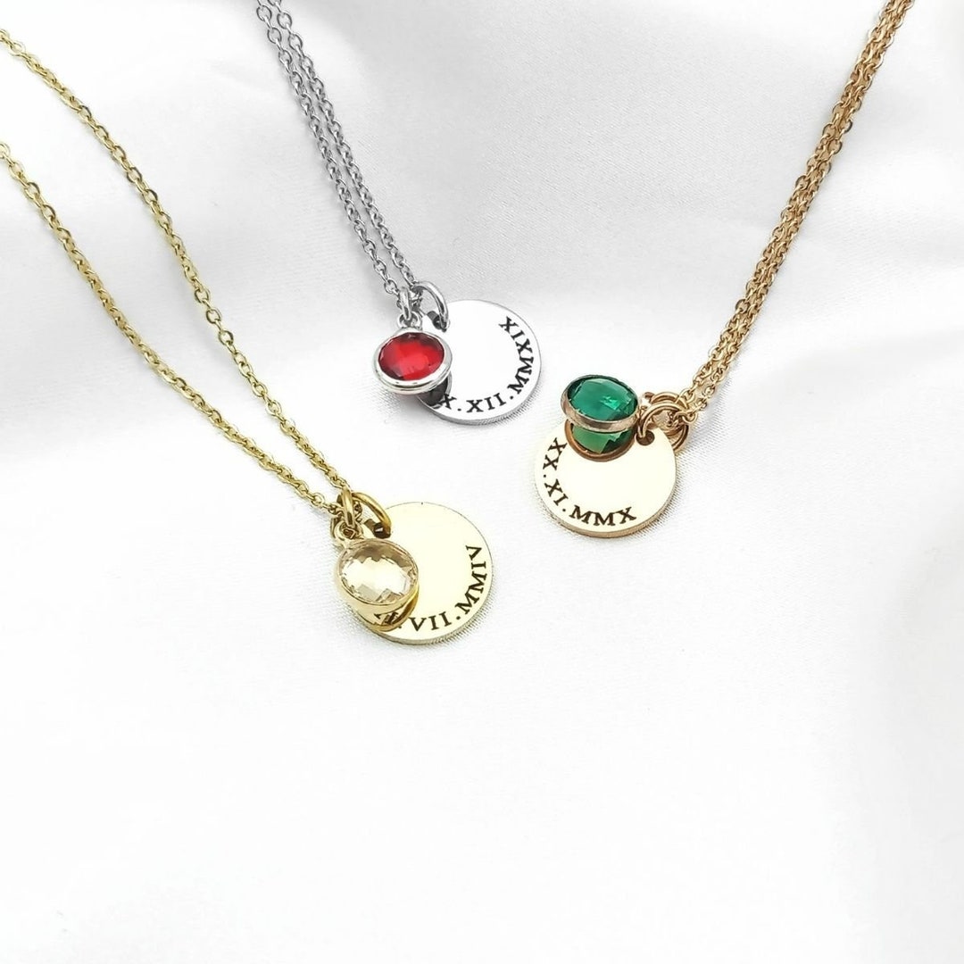Roman Numerals Disc & Birthstone Necklace - Etsy