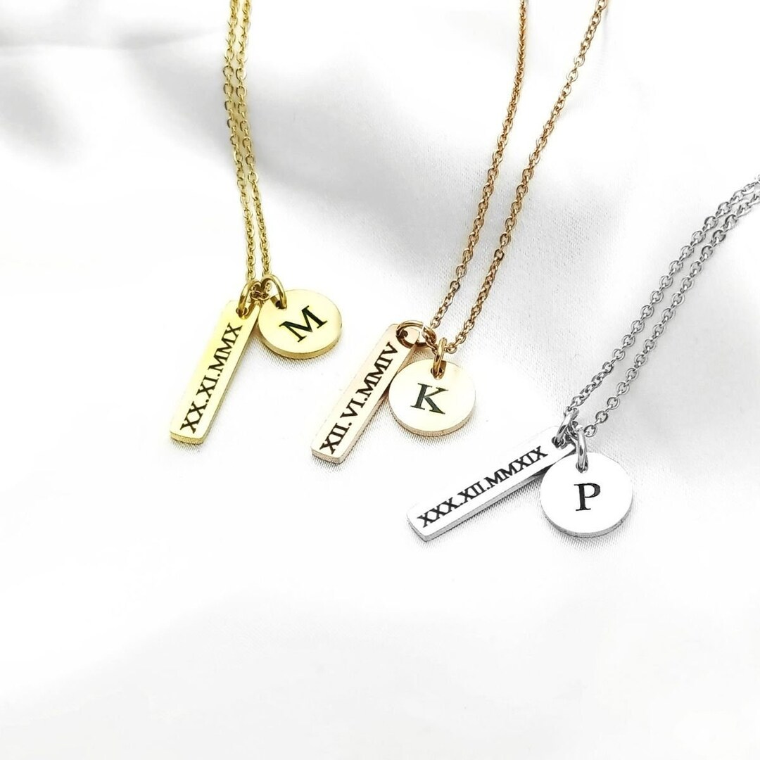 Roman Numerals Bar & Mini Initial Disc Necklace - Etsy