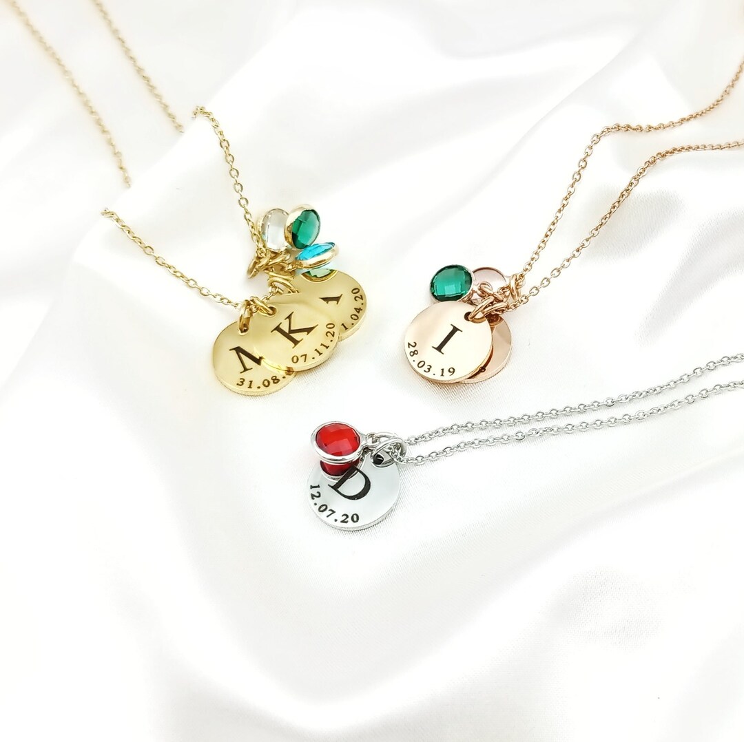 Initial Date Disc Birthstone Necklace - Etsy