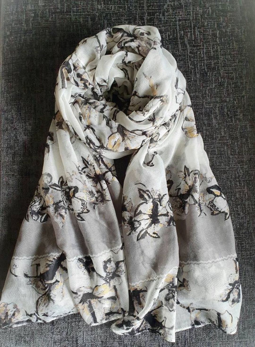 Black Flowers on White Scarf, Long Scarf, Floral Print Scarf, Womens ...