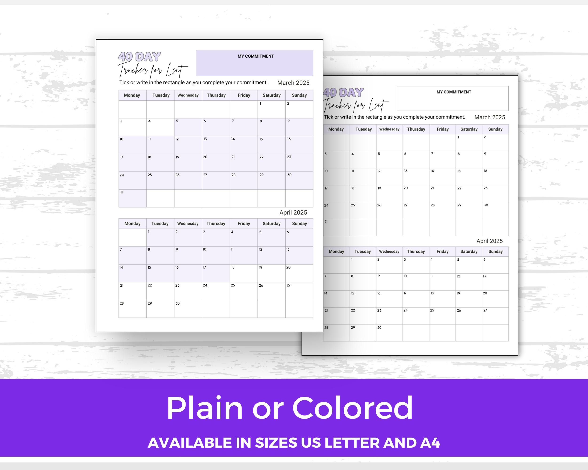 40 Day Lent Printable Tracker, Chart for 40 Day Lent Commitment ...