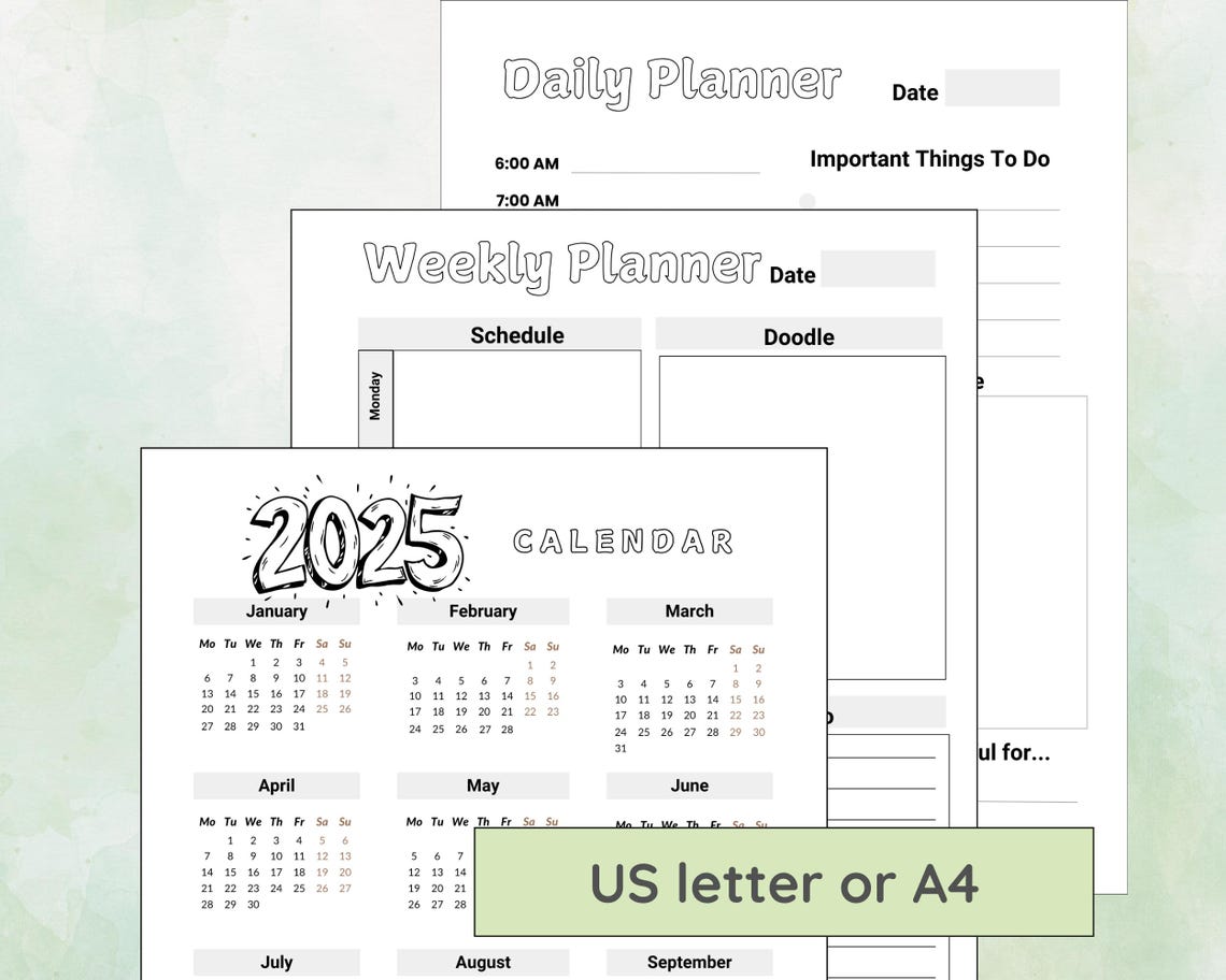 Printable Color and Doodle 2025 Planner, Monthly Weekly Daily Planner ...