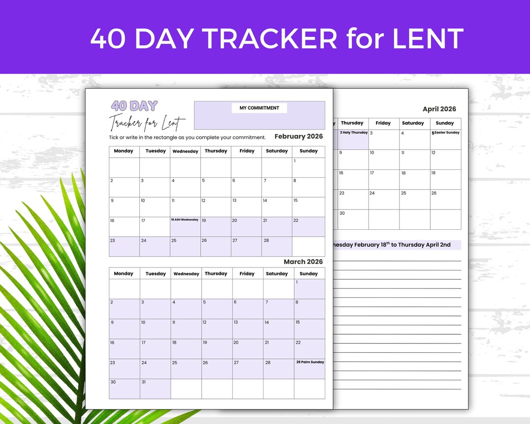 40 Day Lent Printable Tracker, Chart for 40 Day Lent Commitment ...