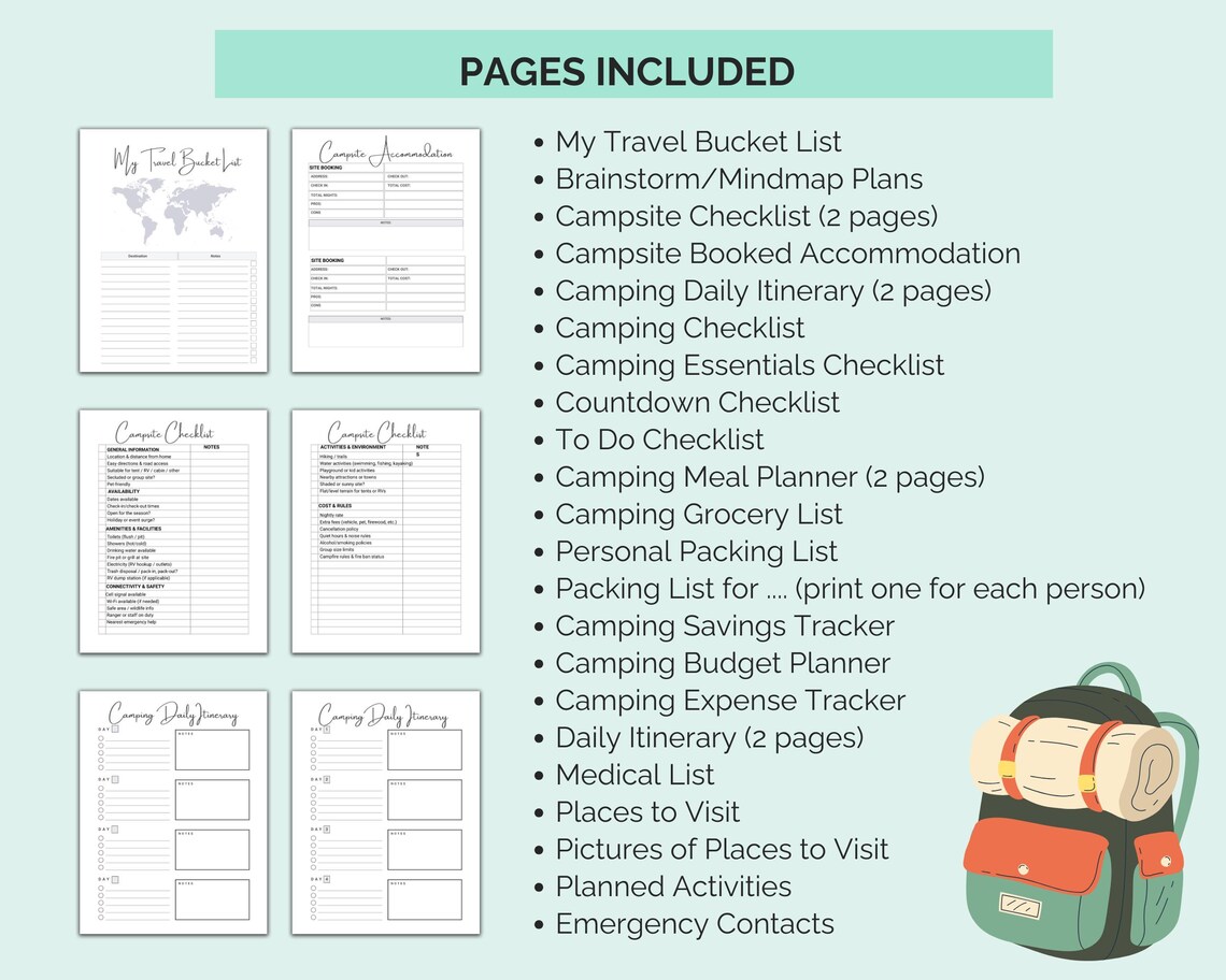 Printable Camping Vacation Planner With Campsite Checklists, Packing ...
